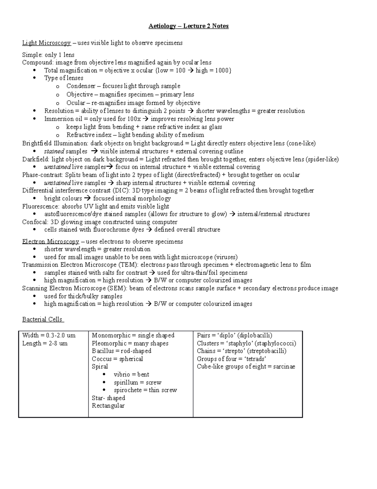 Lecture 2 Notes - Aetiology Lecture 2 Notes Light Microscopy uses ...