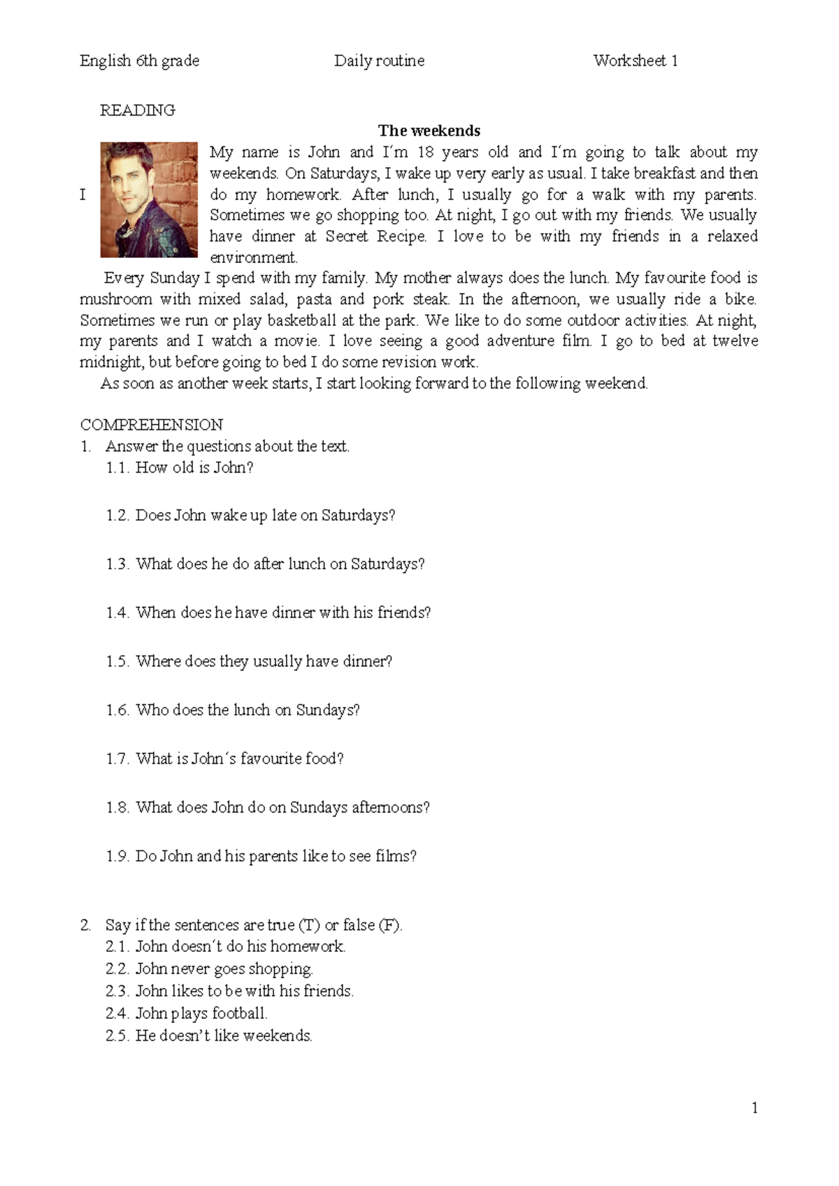 Daily routine - worksheet 1 - English 6th grade Daily routine Worksheet ...