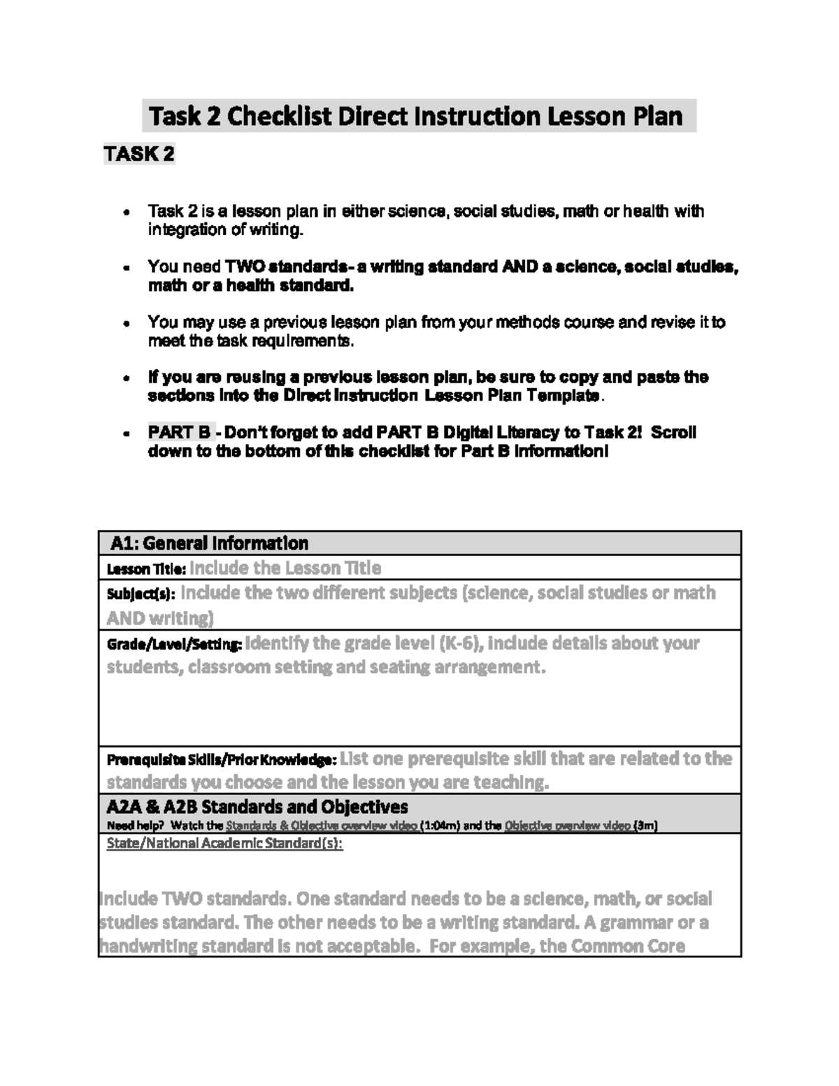 Task Two Checklist C732 - Task 2 Checklist Direct Instruction Lesson ...