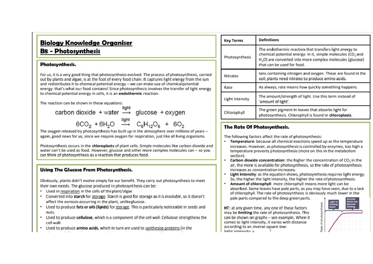 B8 Photosynthesis Knowledge Organiser - A4002C17 - Studocu