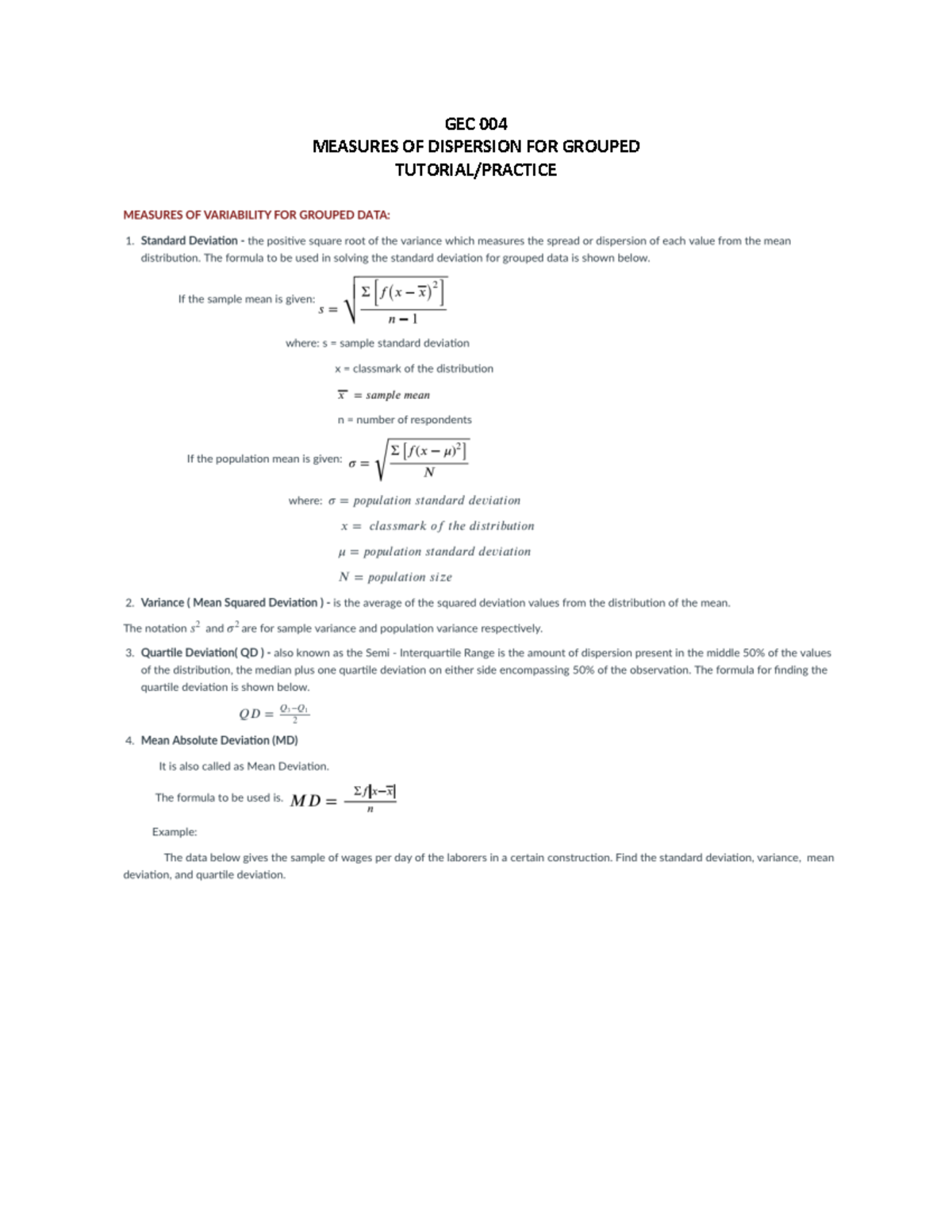 GEC 004. Measures OF Dispersion FOR Grouped - Mathematics In The Modern ...