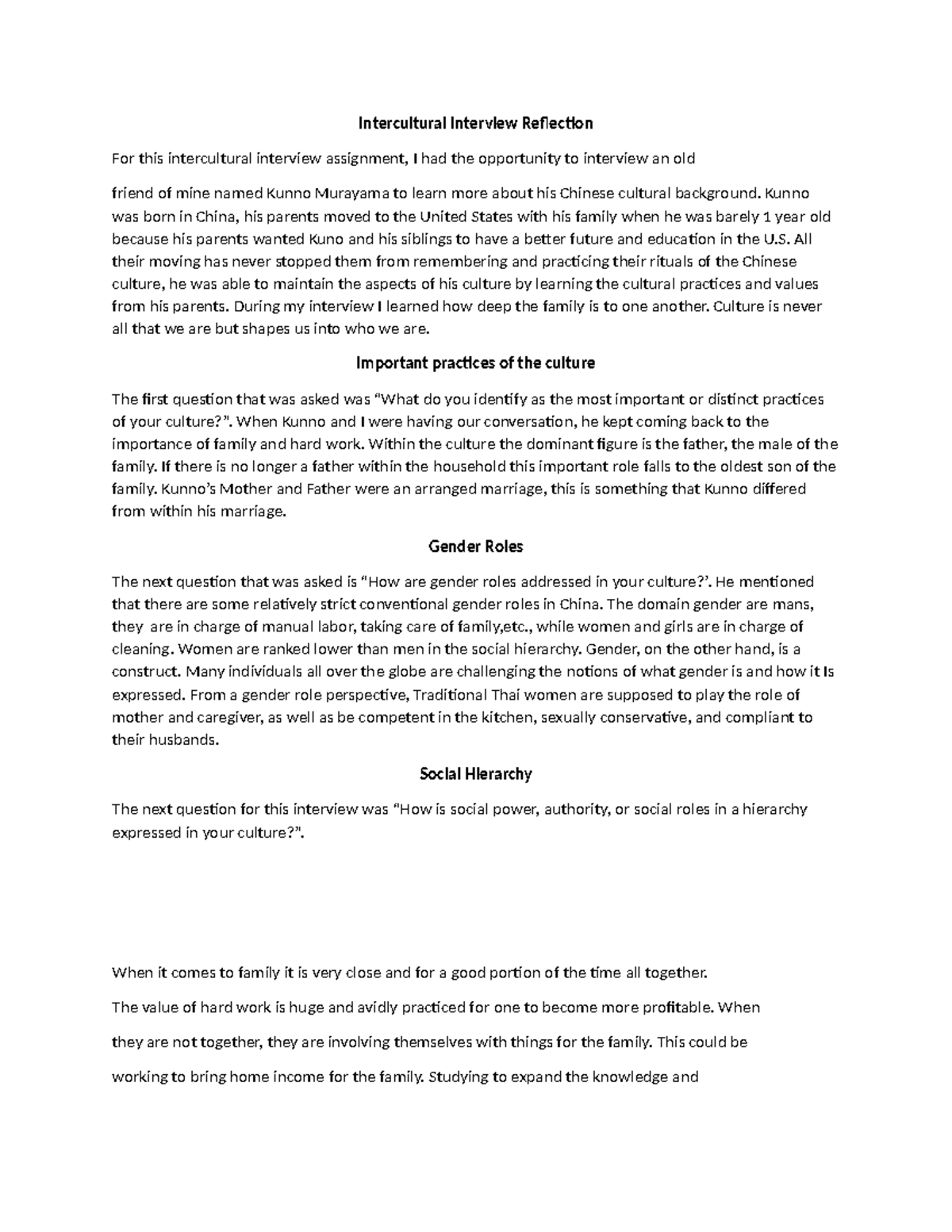 Intercultural Interview Reflection - Kunno was born in China, his ...