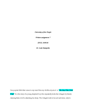 Written assignment unit 7 - Running head: The Ant and the Grasshopper 1 Written Assignment Unit ...