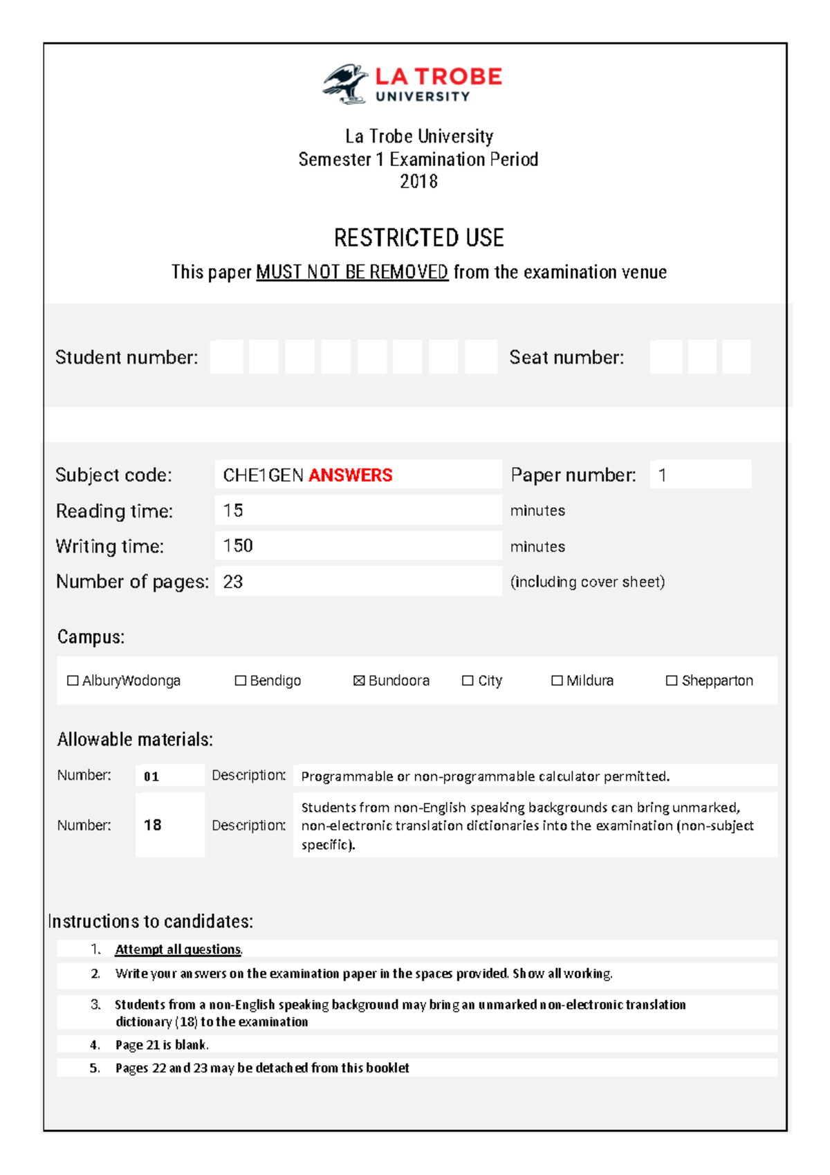 Final 2018, answers - Warning: TT: undefined function: 32 La Trobe University Semester 1 ...