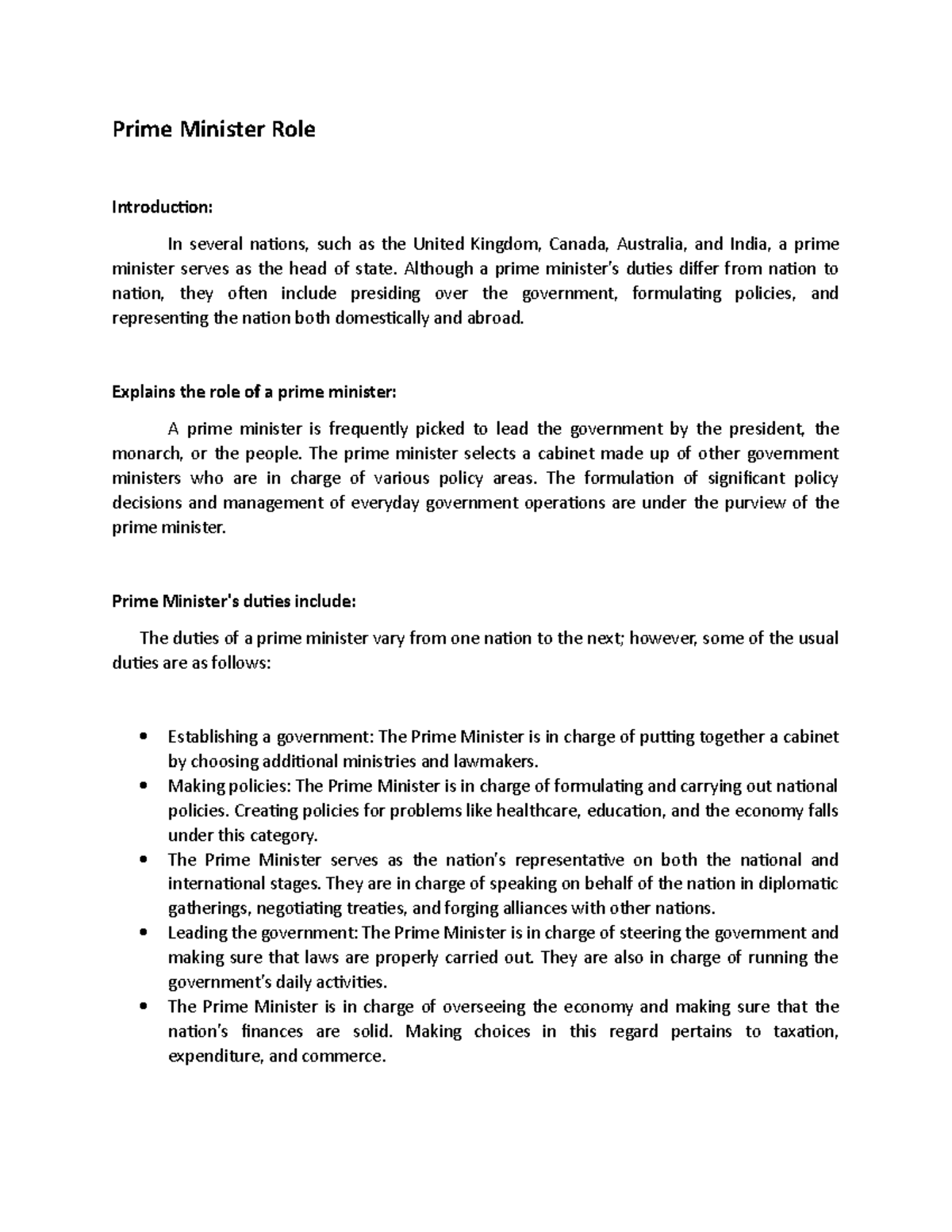 Lecture Notes - Prime Minister Role - Prime Minister Role Introduction ...