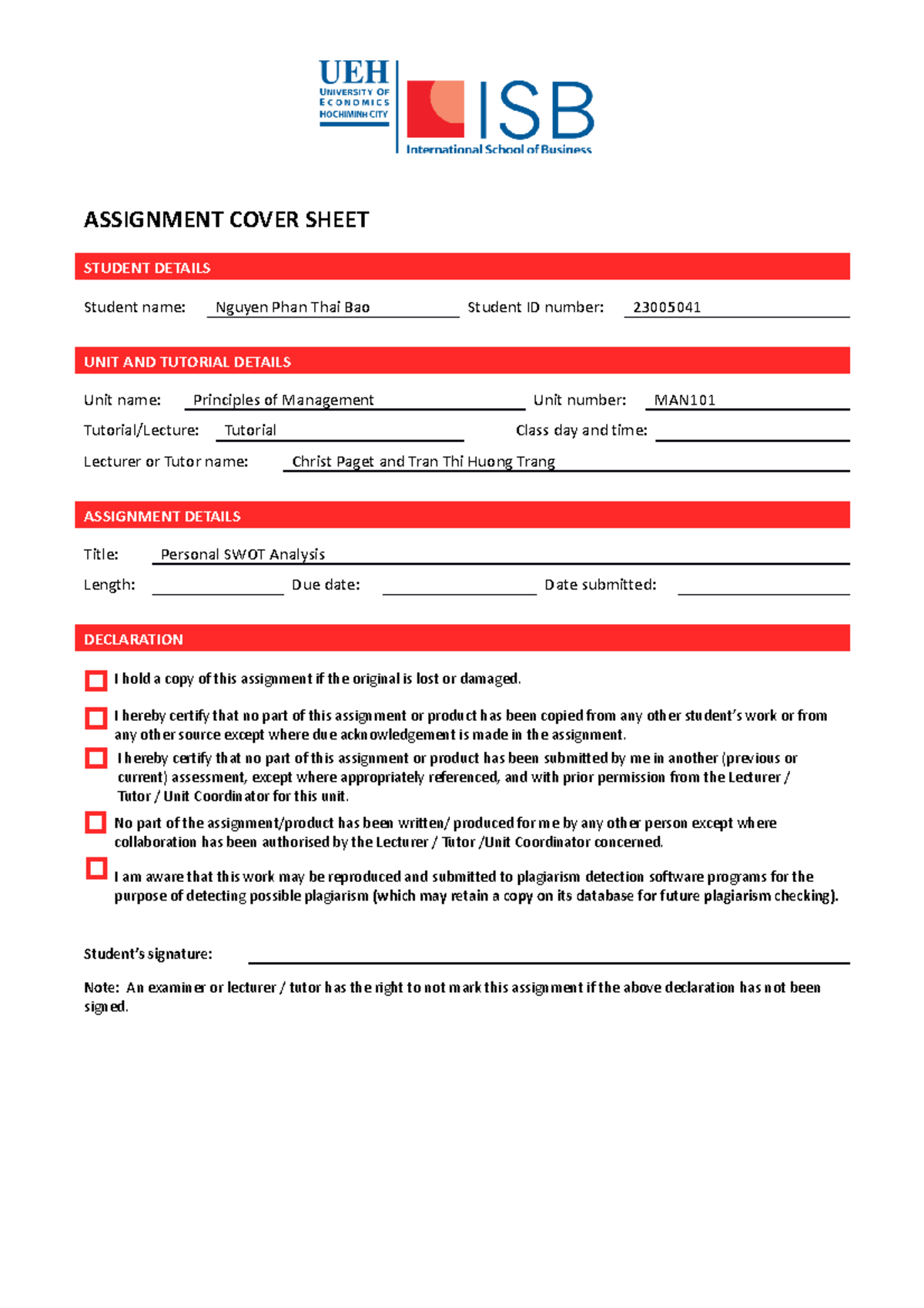 PMPersonal Swotanalysis Nguyen Phan Thai Bao - ASSIGNMENT COVER SHEET ...