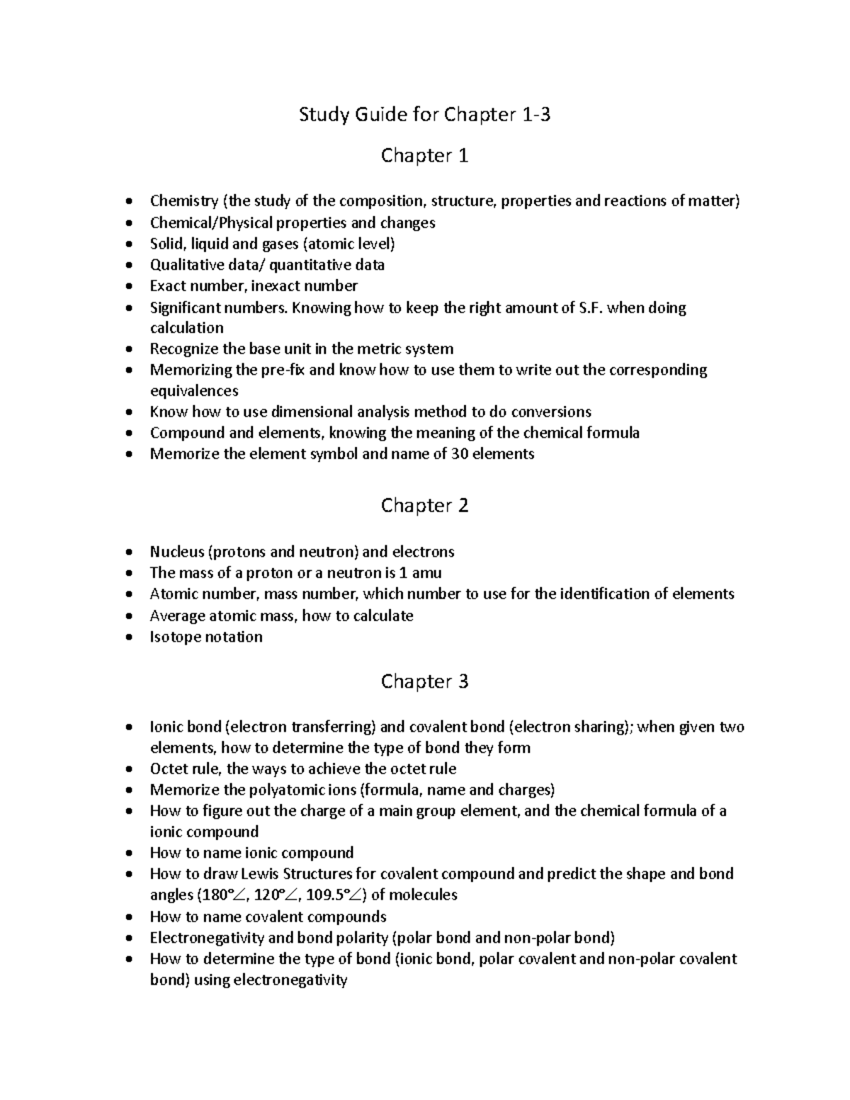 Study Guide for Chapter 1-3 - Study Guide for Chapter 1- Chapter 1 ...