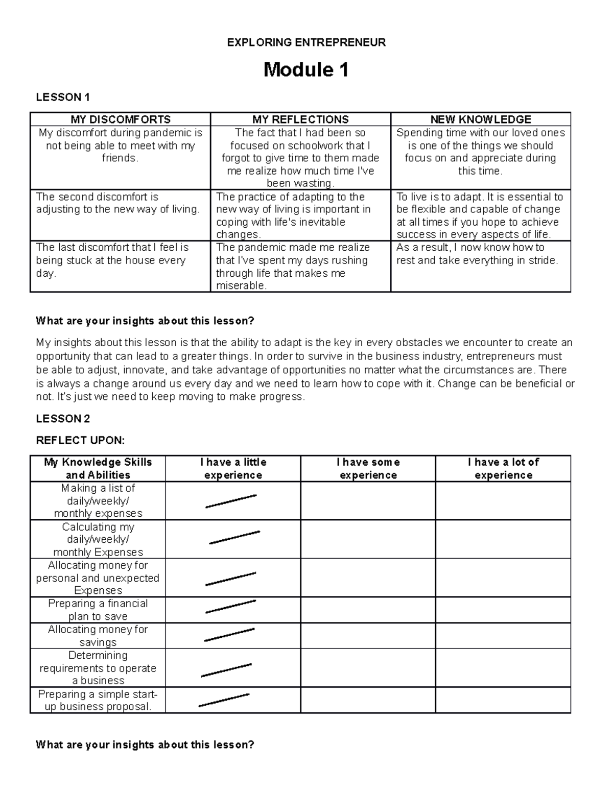 Entrep - seen - EXPLORING ENTREPRENEUR Module 1 LESSON 1 MY DISCOMFORTS ...