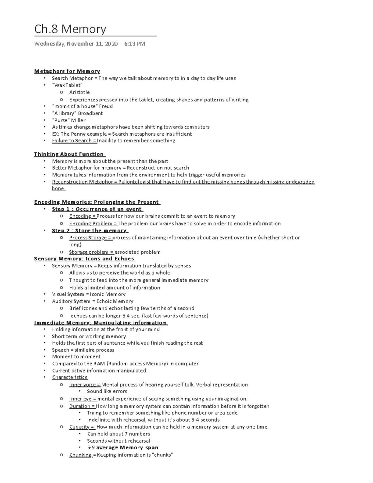 Chapter 8. Note - Ch Memory Wednesday, November 11, 2020 6:13 PM ...