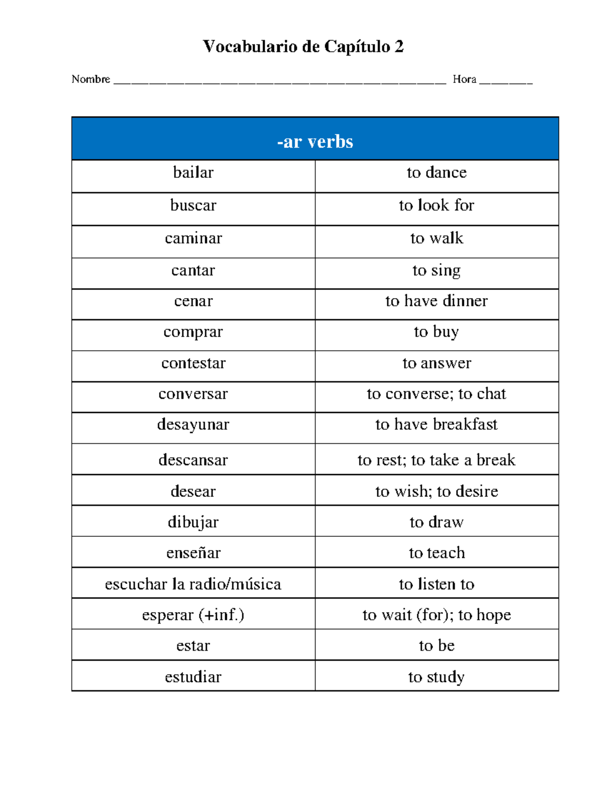 All Chapter 2 Vocabulary - Nombre