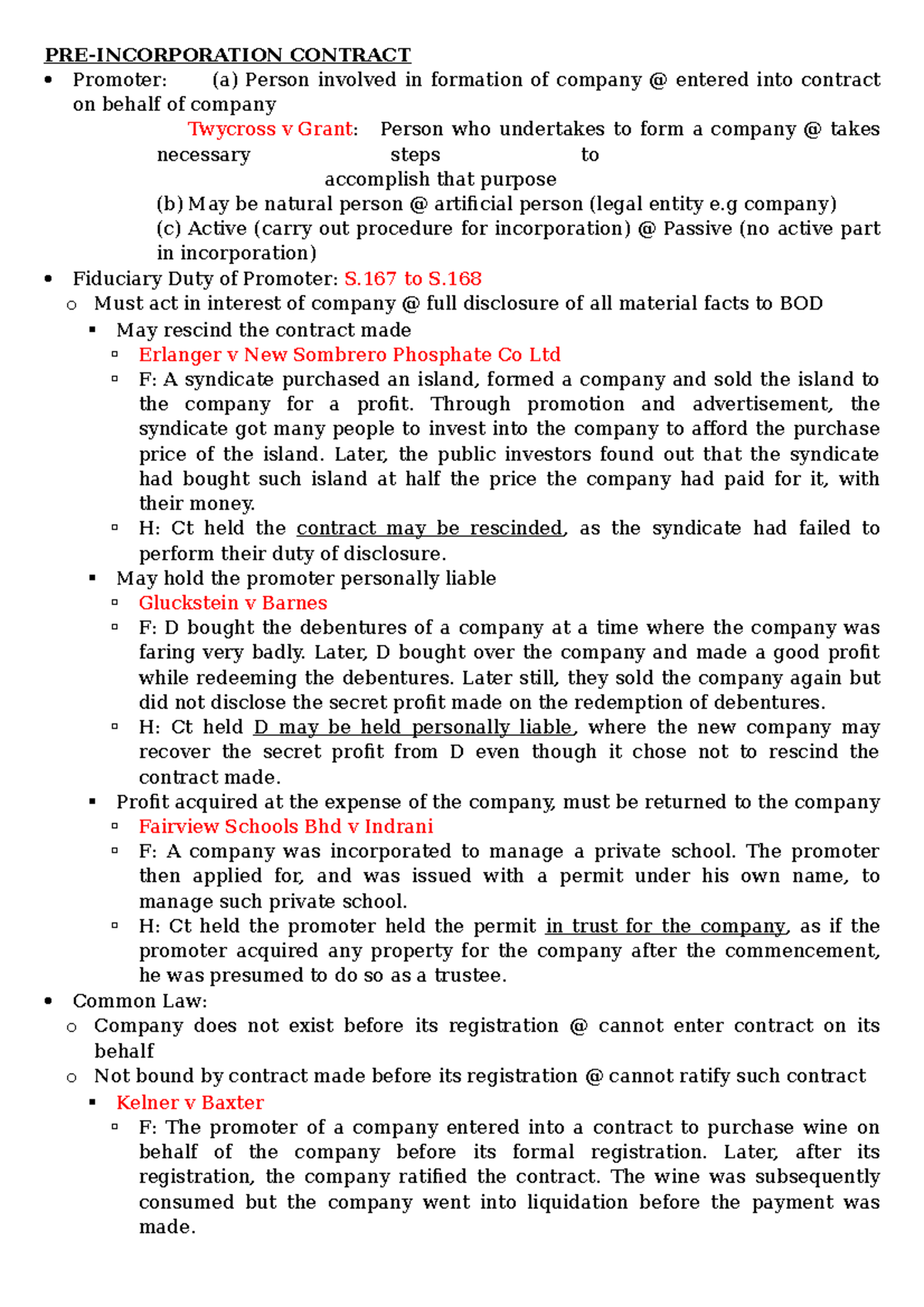 Final Note - Lecture notes 7-10 - PRE-INCORPORATION CONTRACT Promoter ...