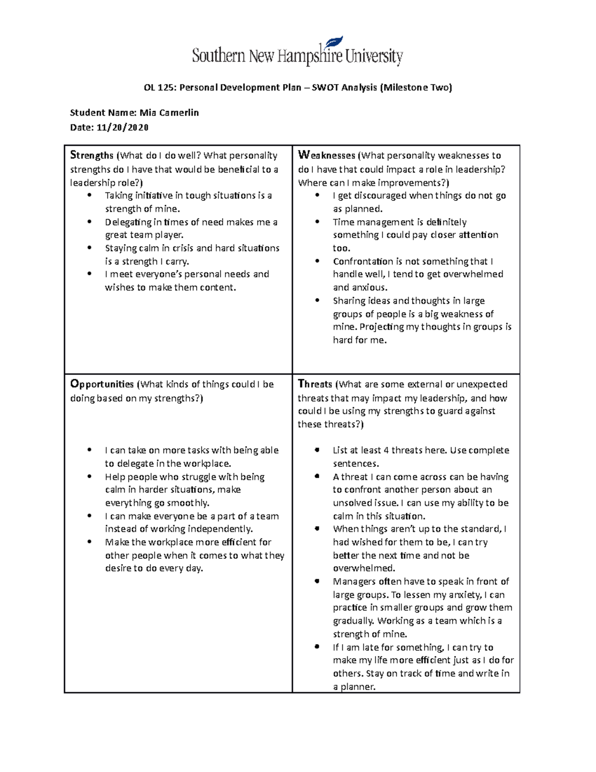 OL 125 Final Milestone Two Template - OL 125: Personal Development Plan ...