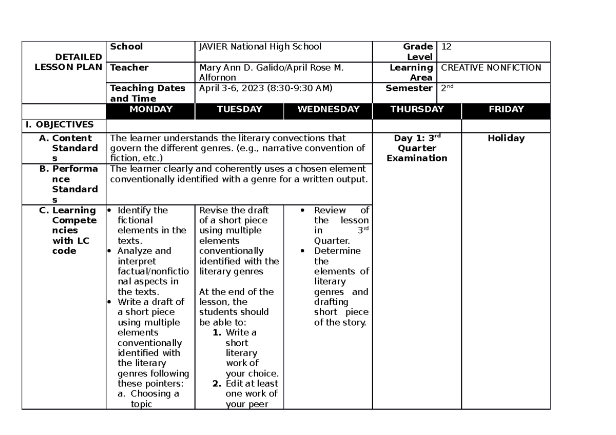 10-Creative-Nonfiction - DETAILED LESSON PLAN School JAVIER National ...