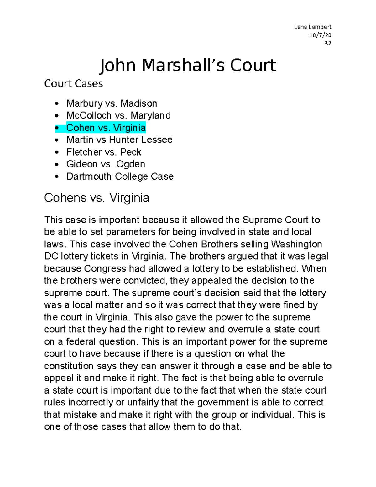 John Marshall Court - Lena Lambert 10/7/ P. John Marshall’s Court Court ...