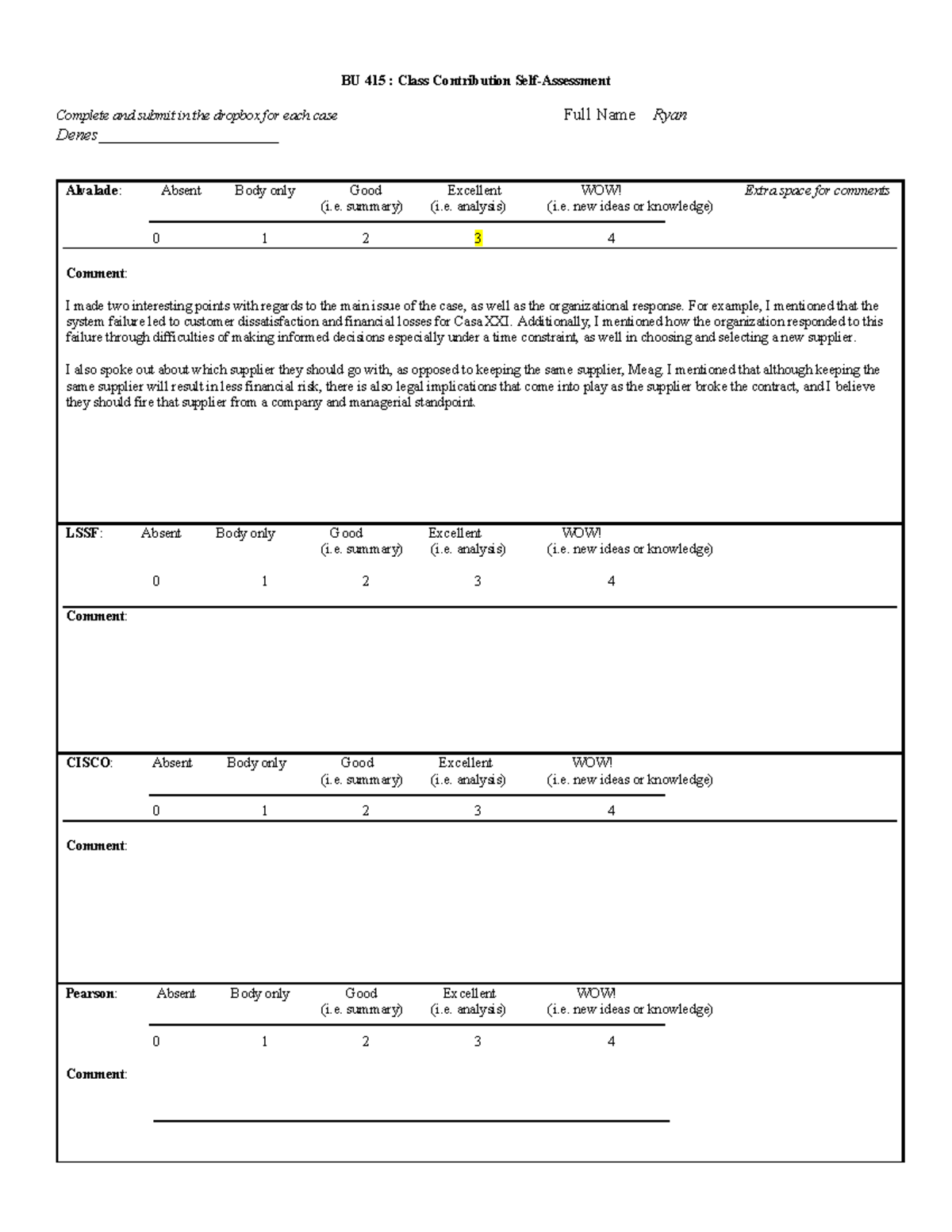 BU415 Self-Assessment Form (Alvalade) - BU 4 15 : Class Contribution ...