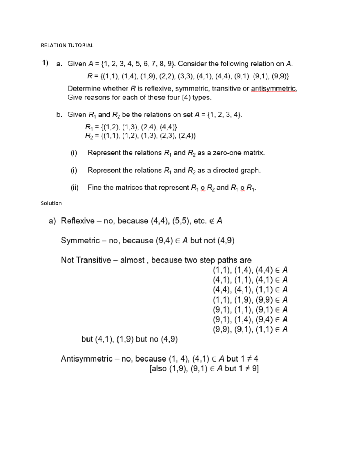 Relation Tutorial Solution Computer Mathematics Relation Tutorial
