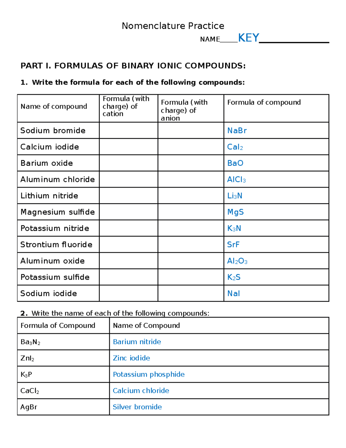 Naming Practice Expanded Key Nomenclature Practice NAME KEY PART I