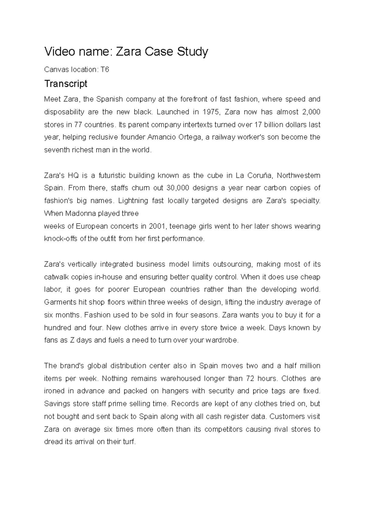 MKTG1205 (Marketing Principles) - Zara Case Study-1 - Video name: Zara ...