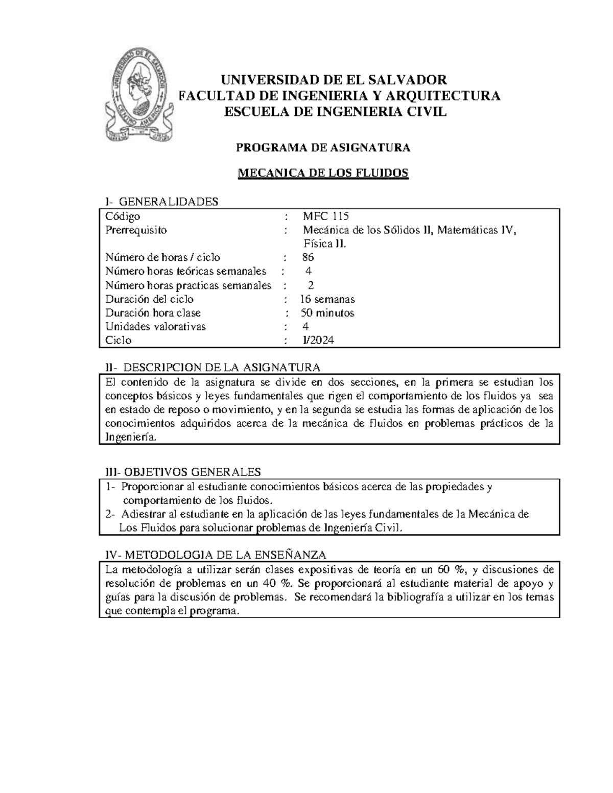 01 Programa DE Materia - UNIVERSIDAD DE EL SALVADOR FACULTAD DE INGENIERIA Y ARQUITECTURA ...