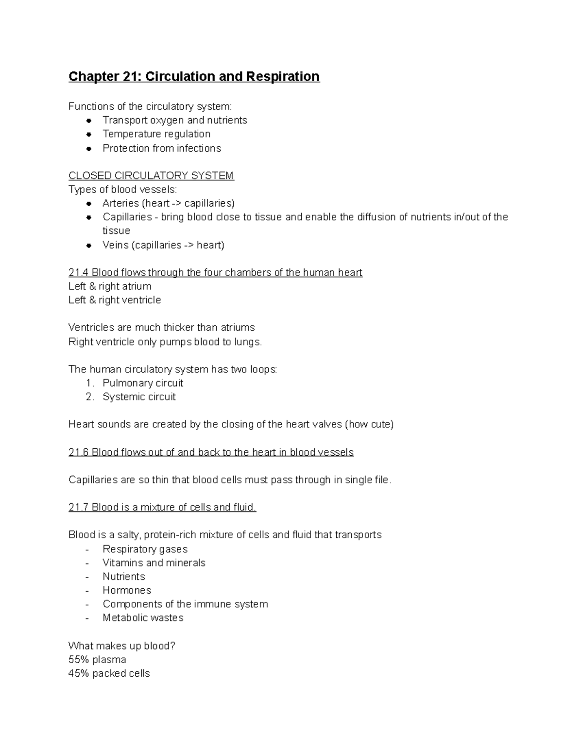 circulation and respiration (ch 21) - Chapter 21: Circulation and ...