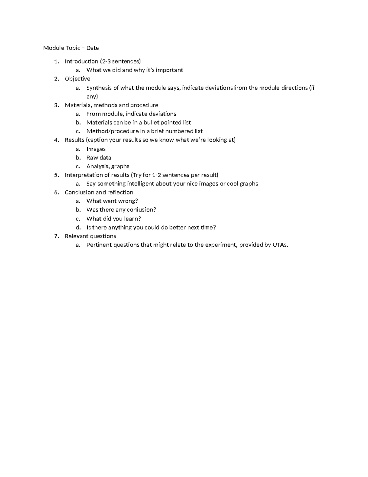 ELN Skeleton - Outline for ELN submission. - Module Topic – Date 1. Introduction (2-3 sentences ...