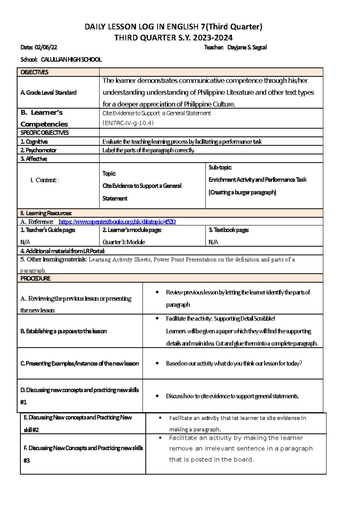 DLL Cite Evidence to Support a General Statement - DAILY LESSON LOG IN ...