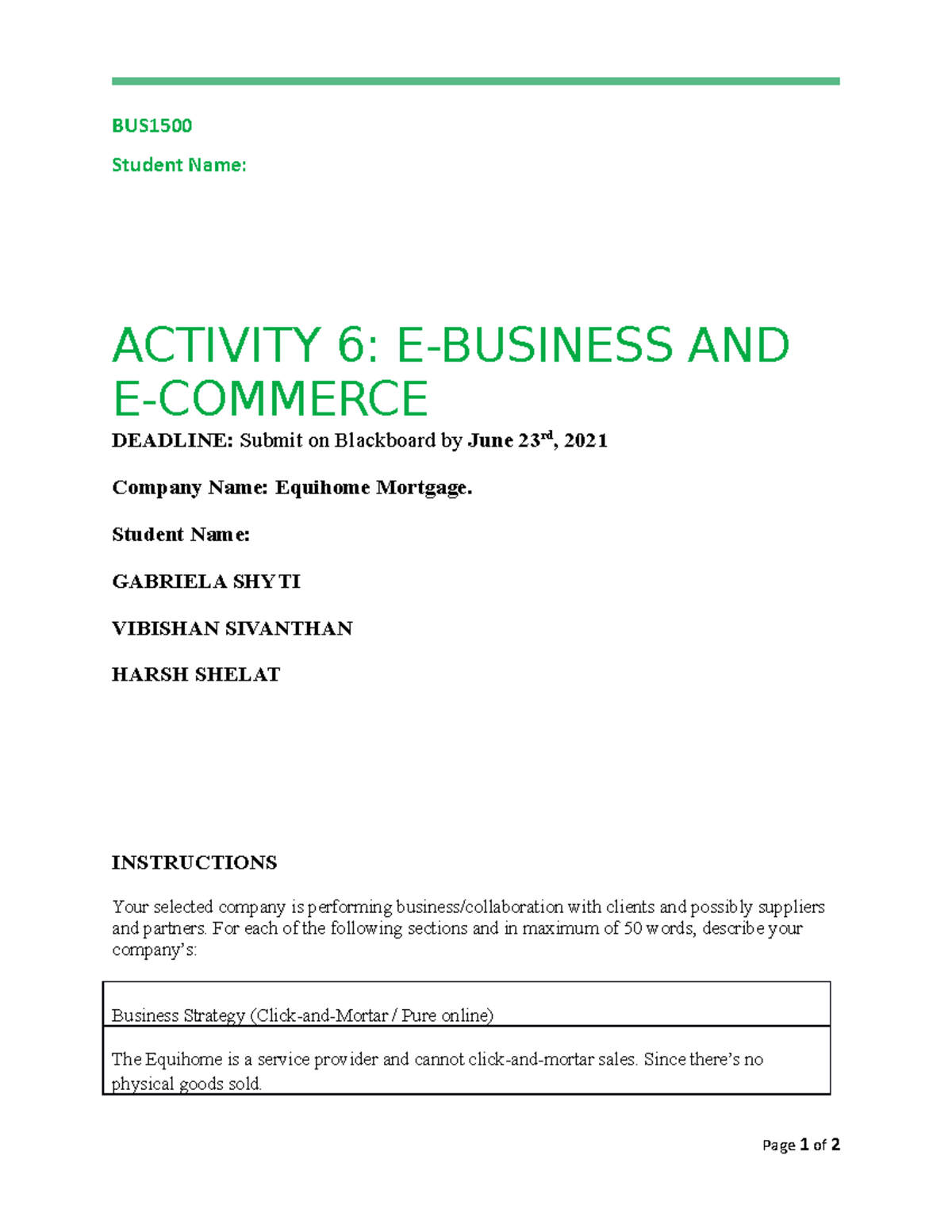 Activity 6 E-business and E-commerce - BUS Student Name: ACTIVITY 6: E ...