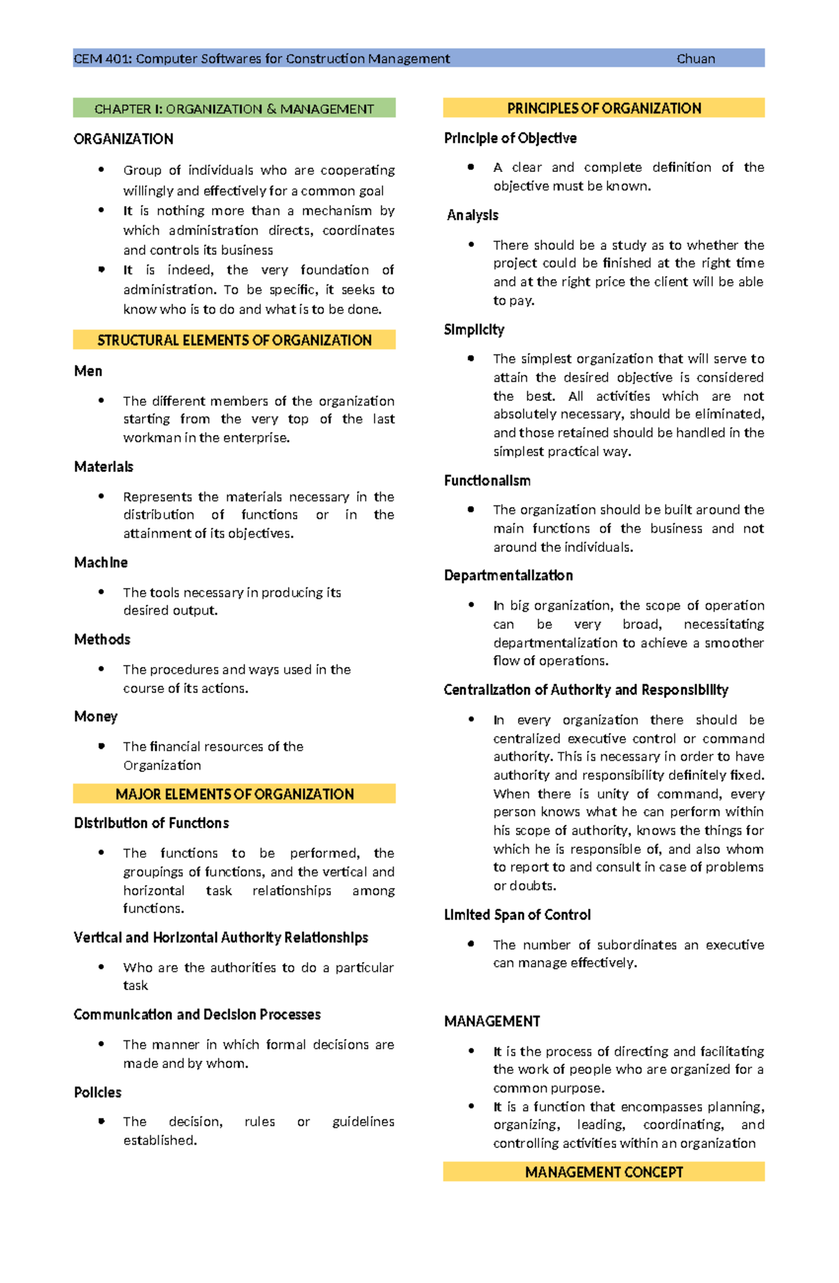 PC1 Reviewer - asdfasf - CHAPTER I: ORGANIZATION & MANAGEMENT ...