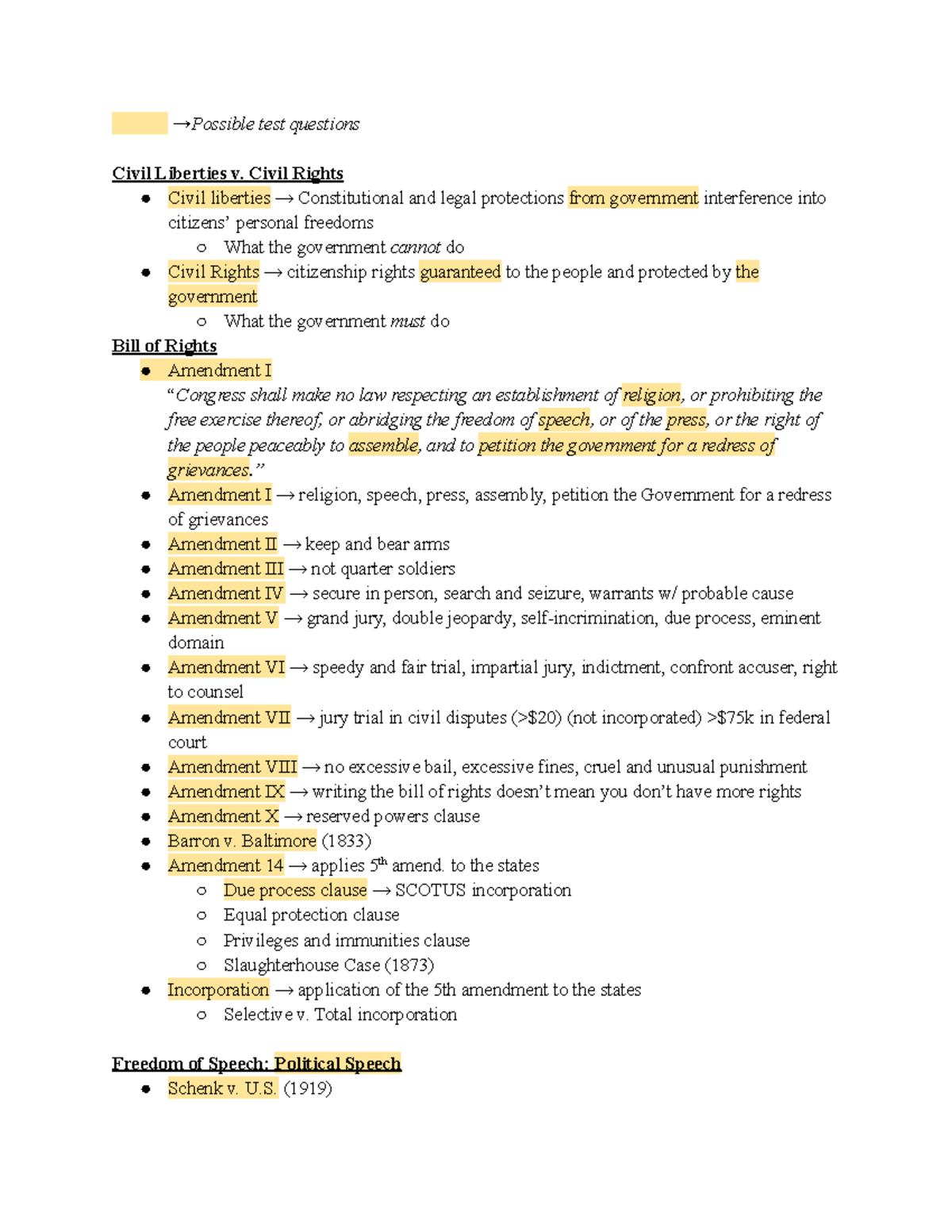 POL 102 Lecture 3 notes - →Possible test questions Civil Liberties v ...