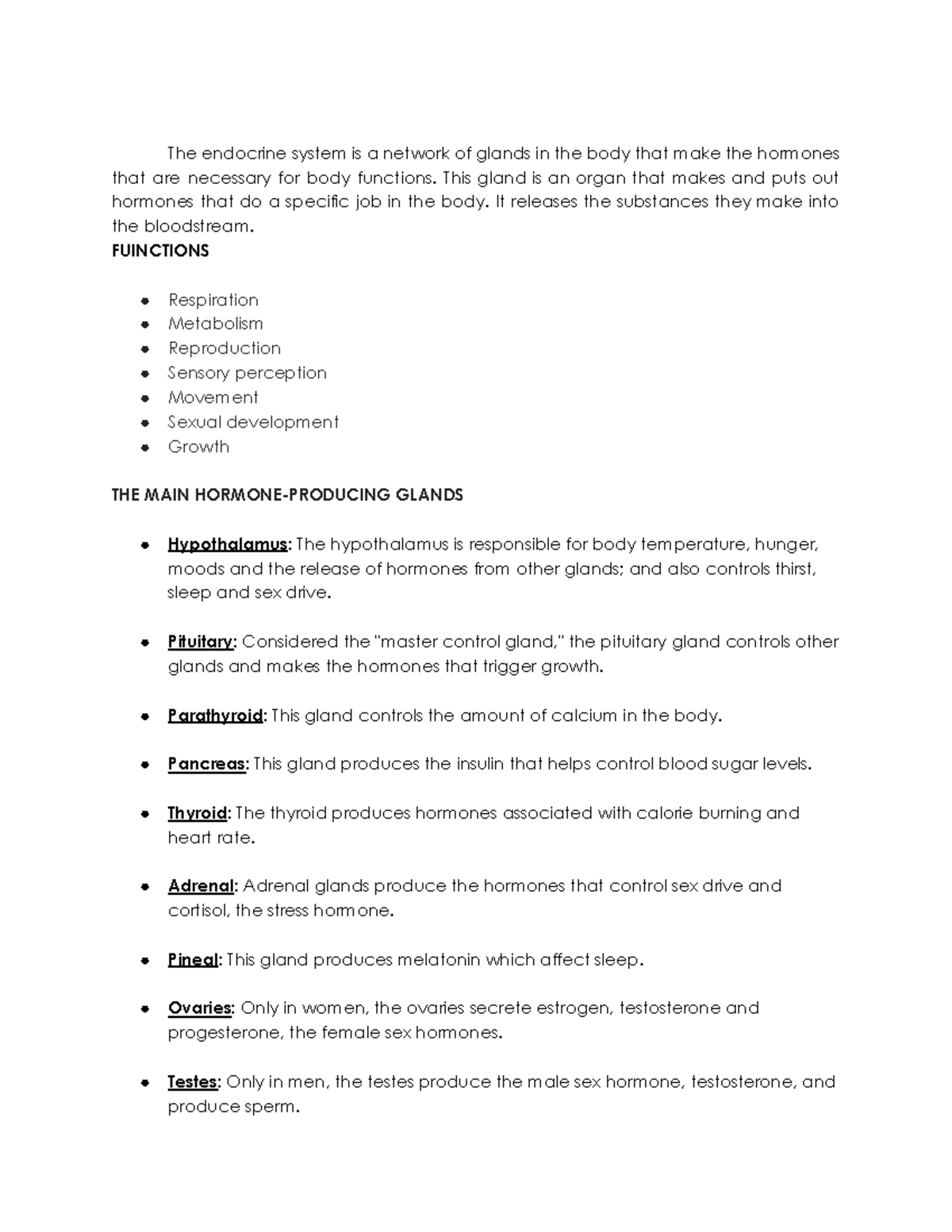 ENDO - Summary General Biology - The endocrine system is a network of glands in the body that ...