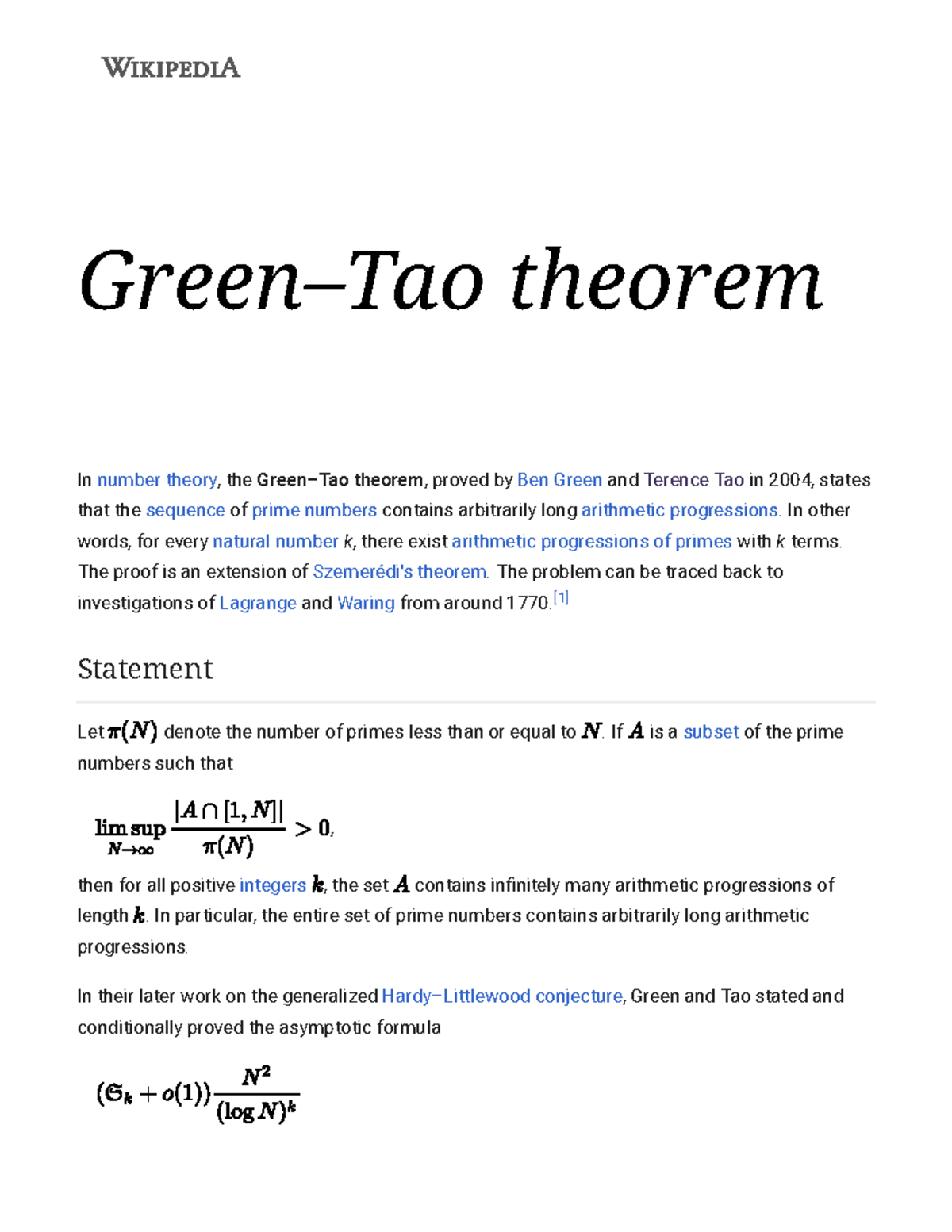 Green–Tao theorem - Wikipedia - Green–Tao theorem In number theory, the ...