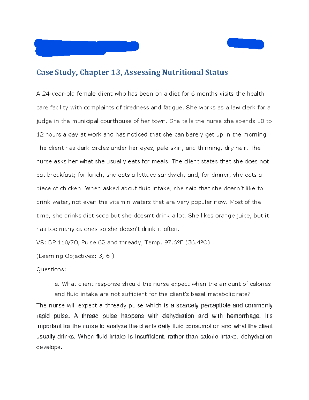 Case Study, Chapter 13, Assessing Nutritional Status - FIONA ABEGAILE B ...