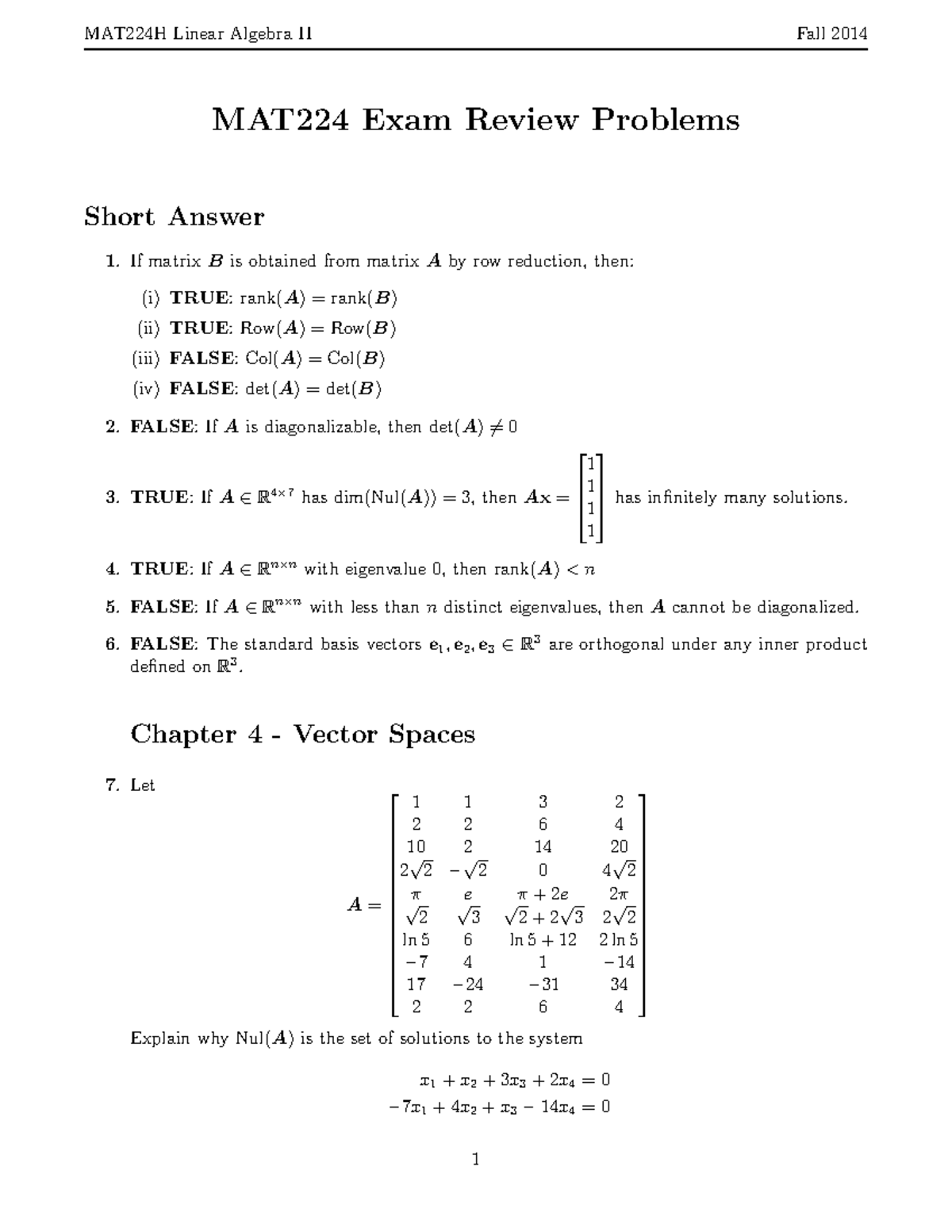 Exam review problems soln - MAT224H Linear Algebra II Fall 2014 MAT224 ...