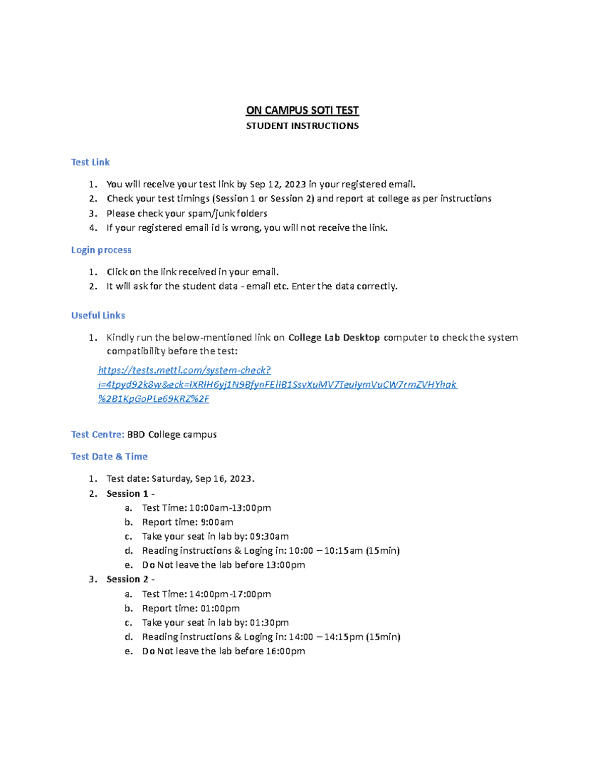 Student Instructions - 16 Sep - ON CAMPUS SOTI TEST STUDENT ...