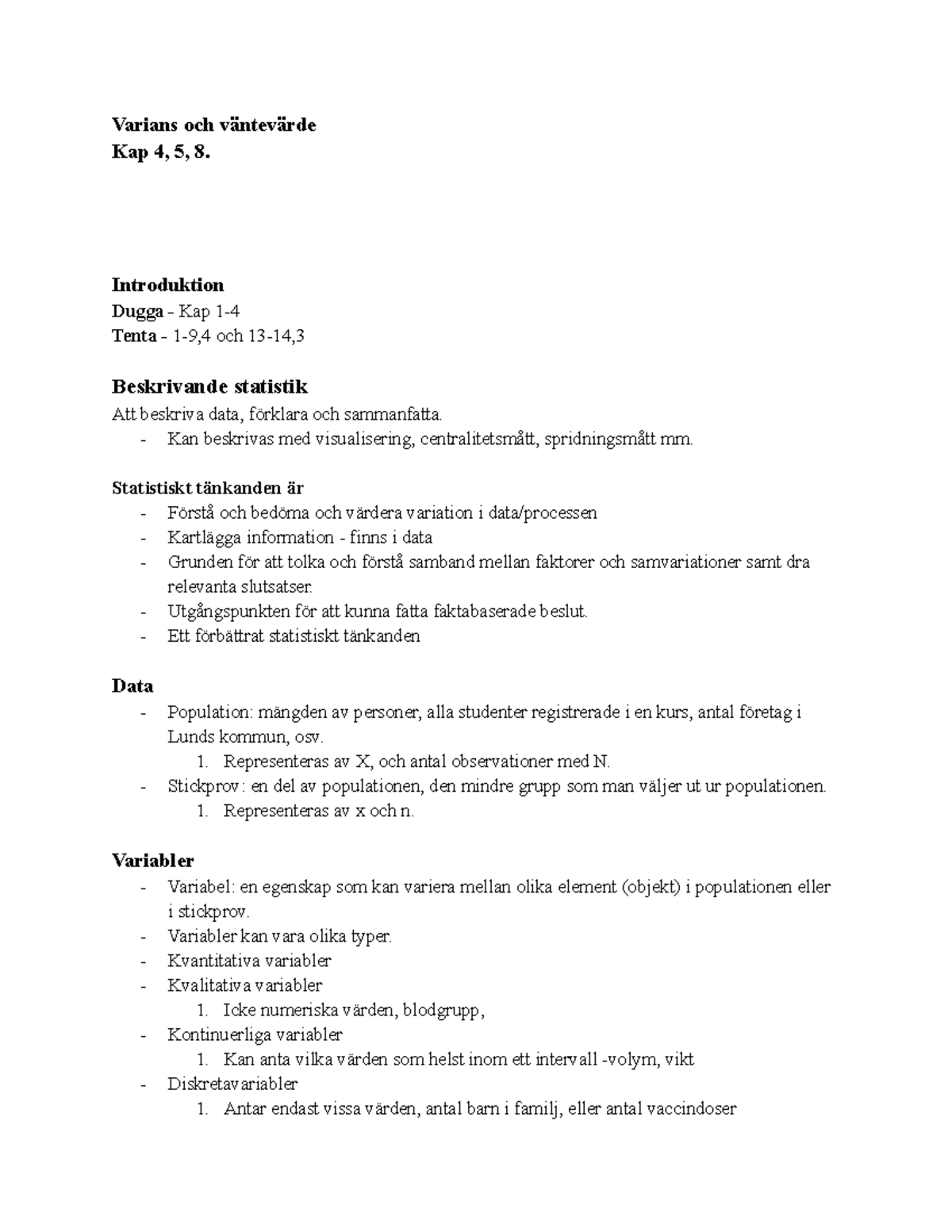 Statistik - hejsan - Varians och väntevärde Kap 4, 5, 8. Introduktion ...