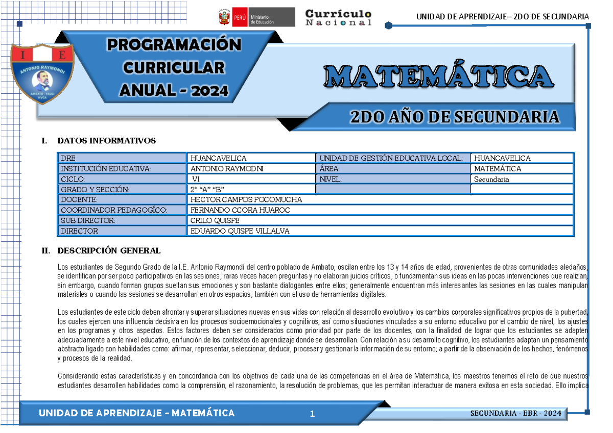 Programación Curricular 2024 MAT. 2° Grado - UNIDAD DE APRENDIZAJE ...