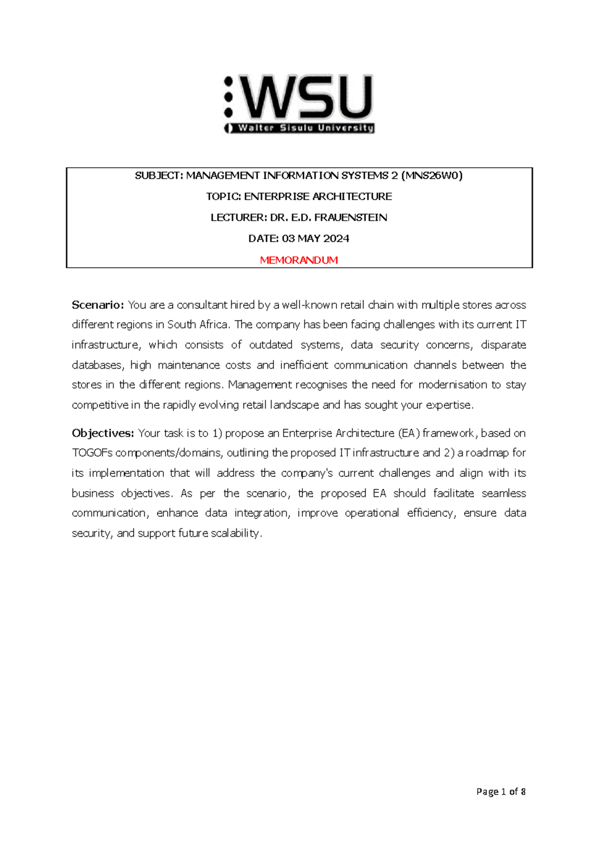Class Exercise - Enterprise Architecture MEMO (03 - SUBJECT: MANAGEMENT ...