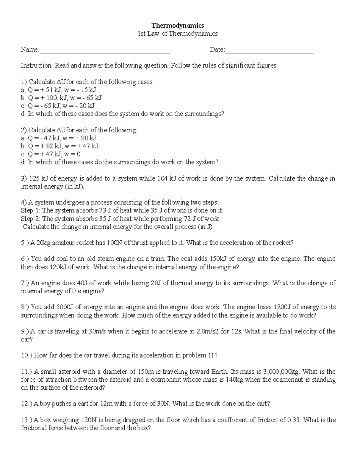 1st Law of Thermodynamics - Problem Set - Thermodynamics 1st Law of Thermodynamics - Studocu