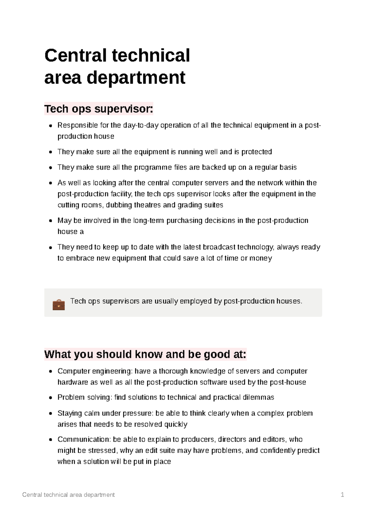 Central technical area department - Central technical area department 1 Central technical - Studocu