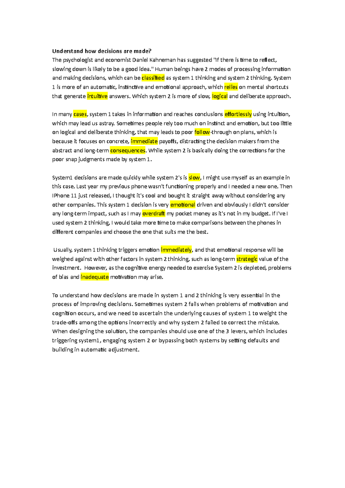 Managerial insights - System 1 and 2 thinking - Understand how ...