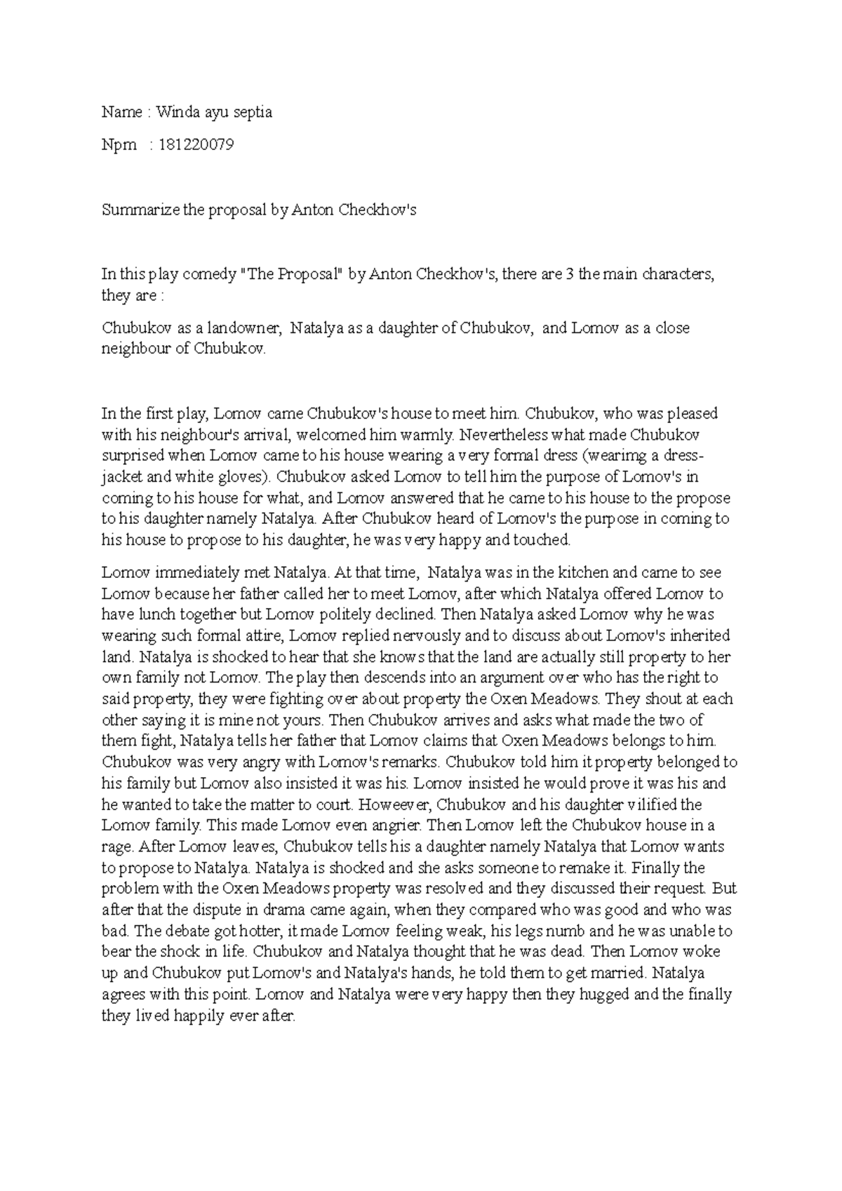 Summarize The Proposal by Anton Checkov's - Name : Winda ayu septia Npm ...
