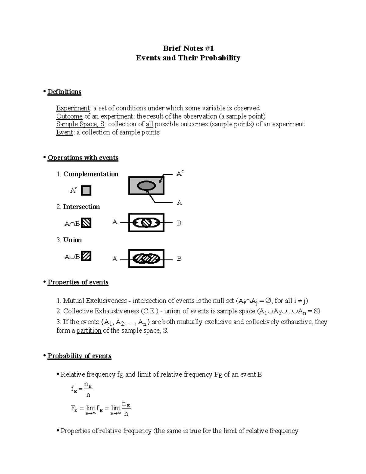 Definitions, Operations with events, Properties of events, Probability ...
