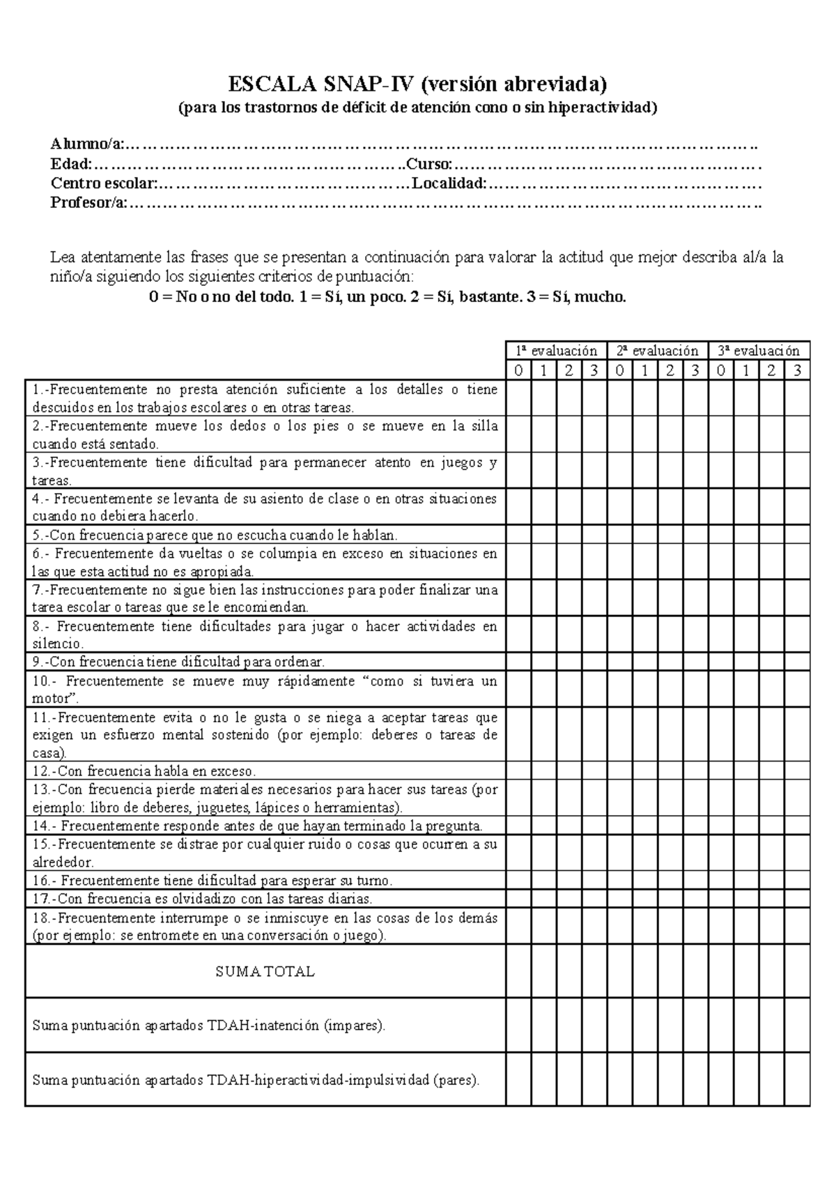 TDAH Snap-IV - Prueba para preescolares y detección de TDAH - ESCALA ...