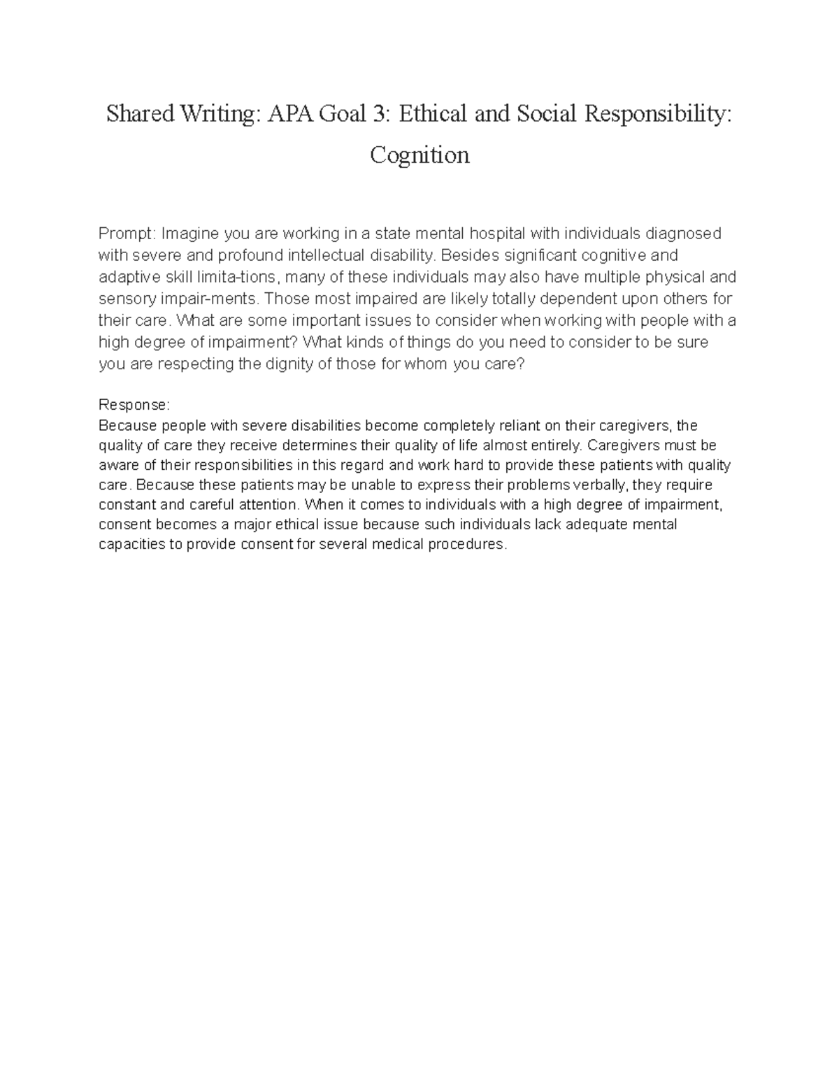 Shared Writing APA Goal 3 Ethical and Social Responsibility Cognition ...