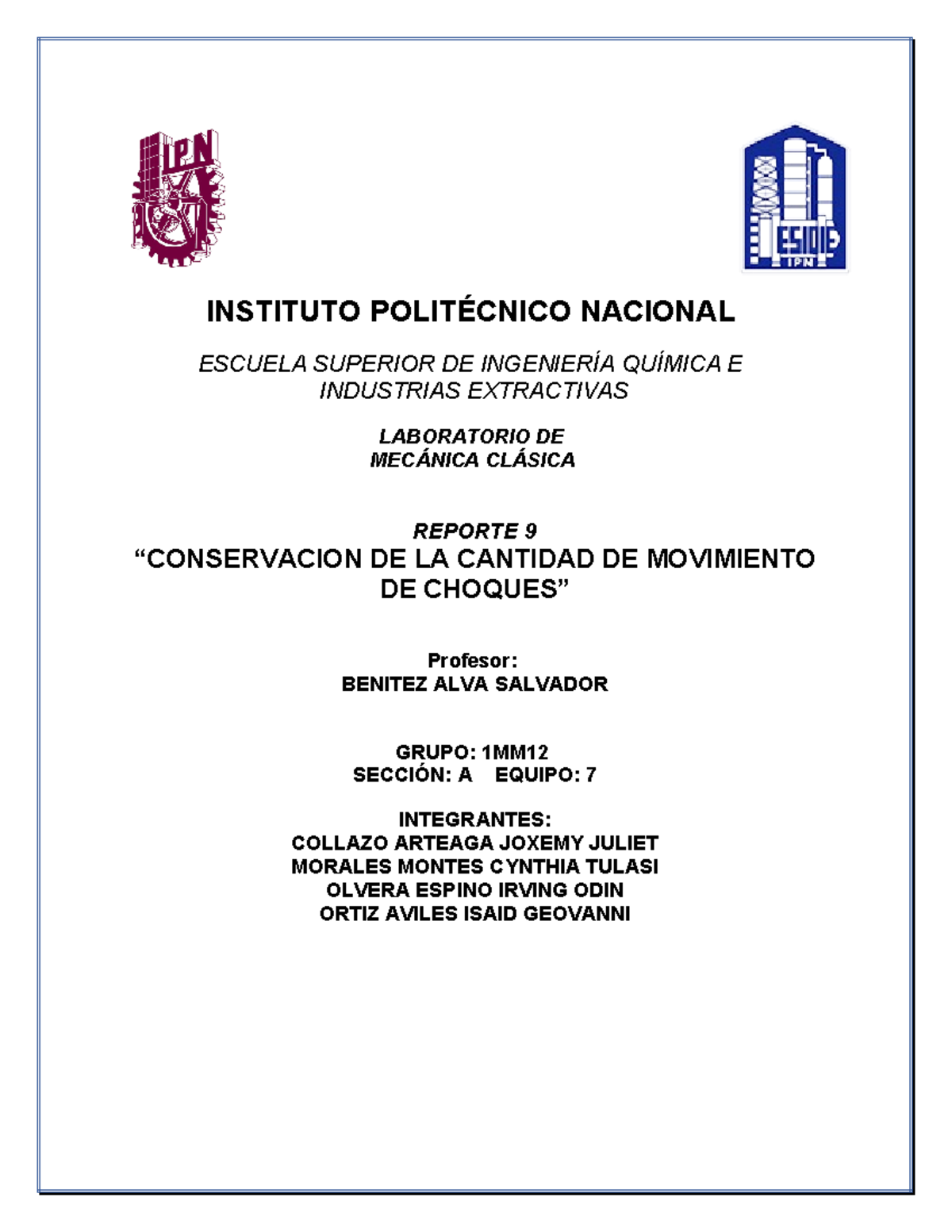 Reporte prac 9 Choques - INSTITUTO POLITÉCNICO NACIONAL ESCUELA ...
