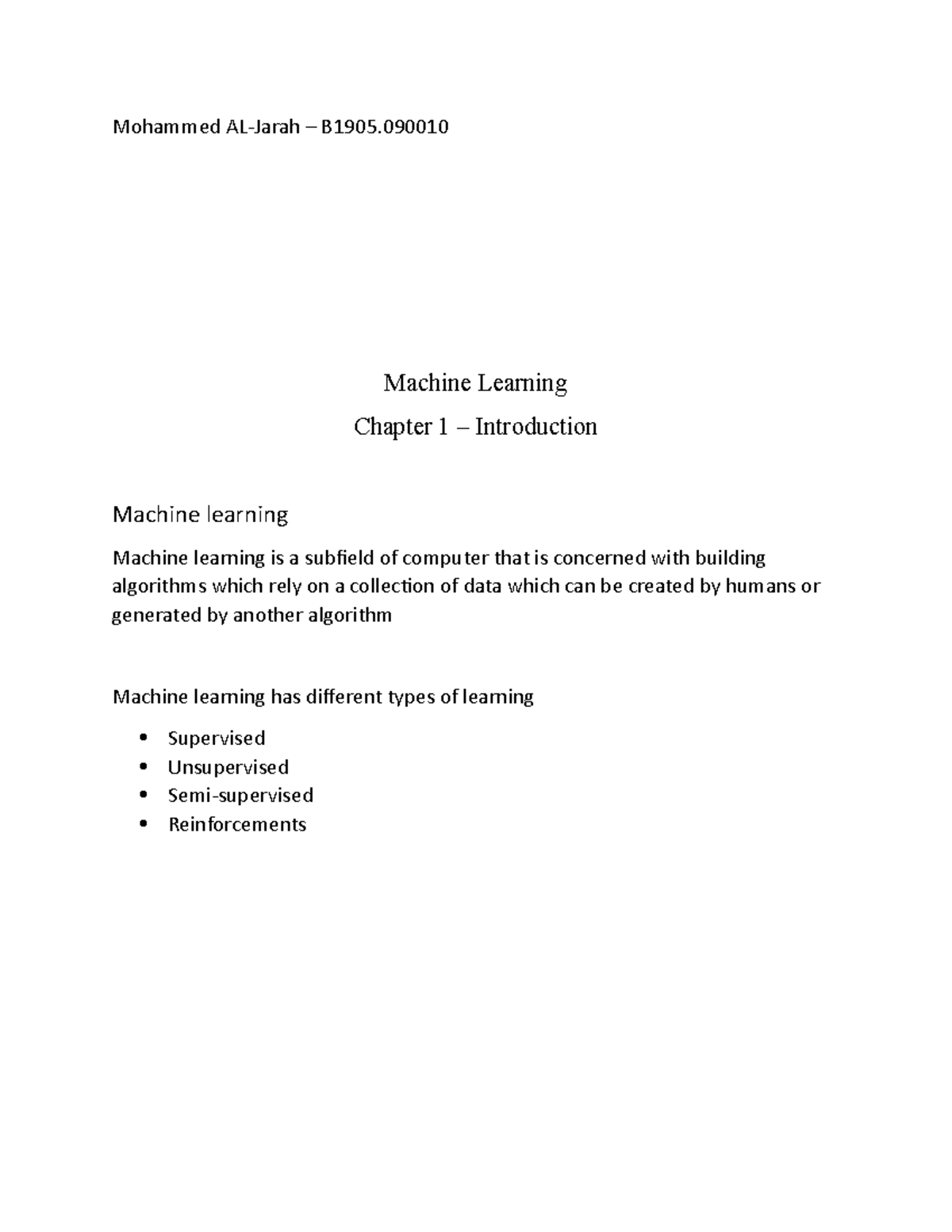 Machine learning - Chapter 1 and 2 - Mohammed AL-Jarah – B1905. Machine ...