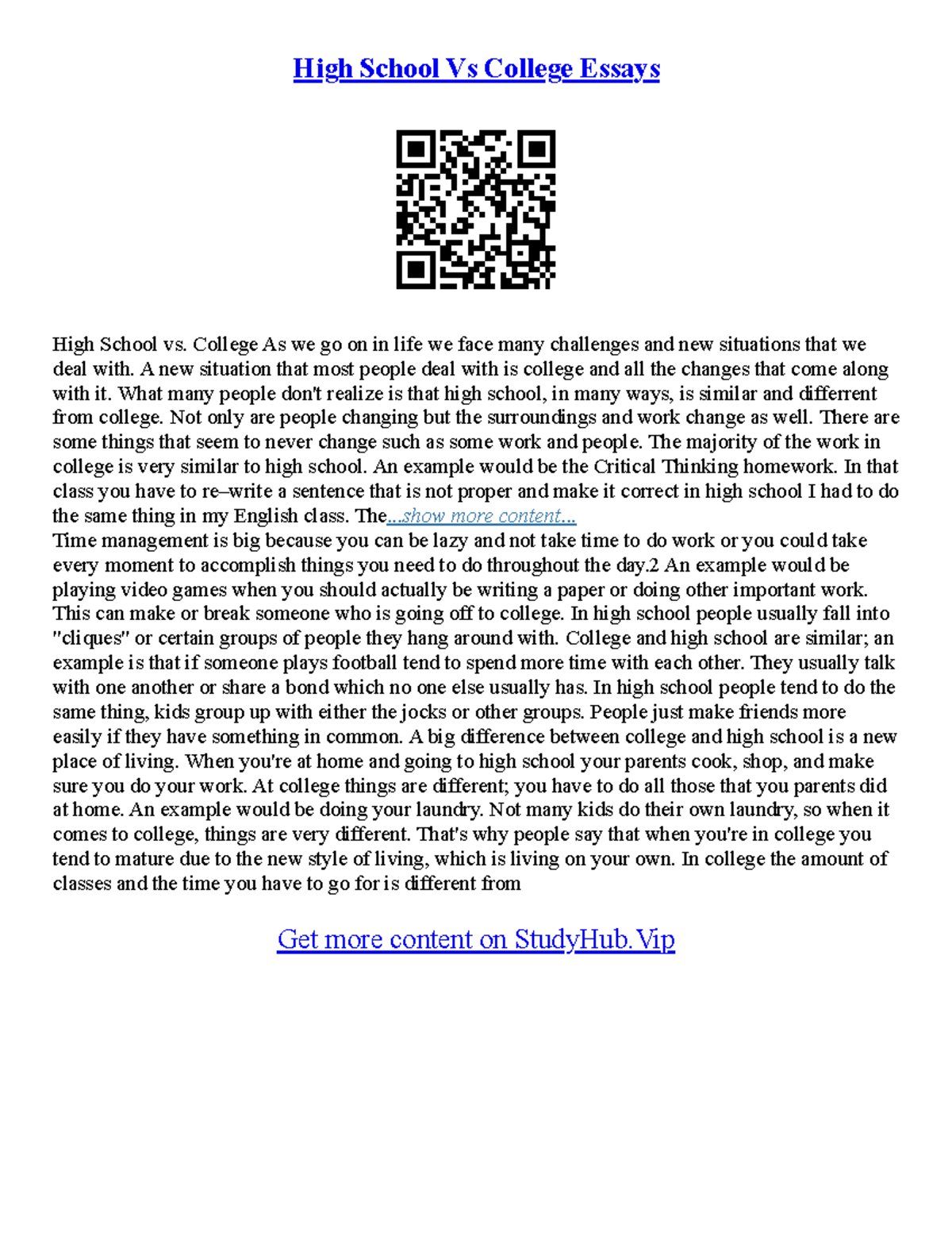 Compare And Contrast Essay Examples For High School - High School Vs ...