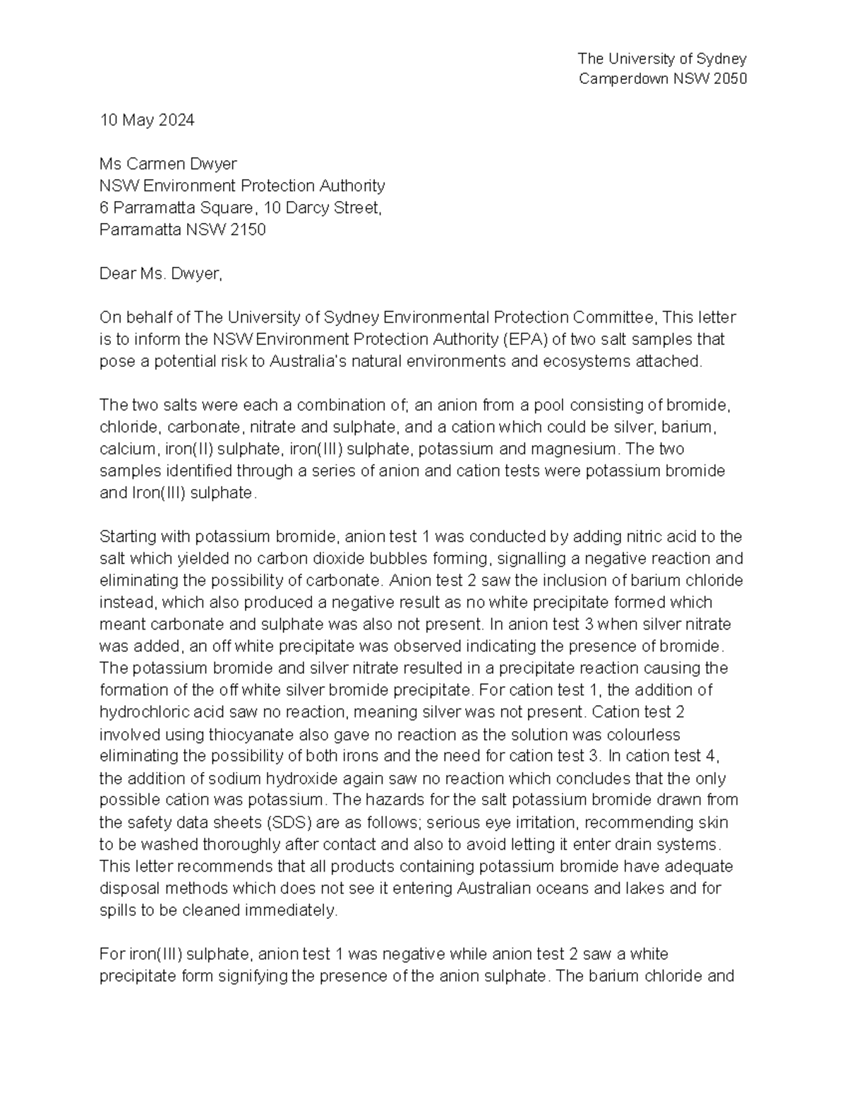 Post-lab assessment Option 2 EPA letter - The University of Sydney ...