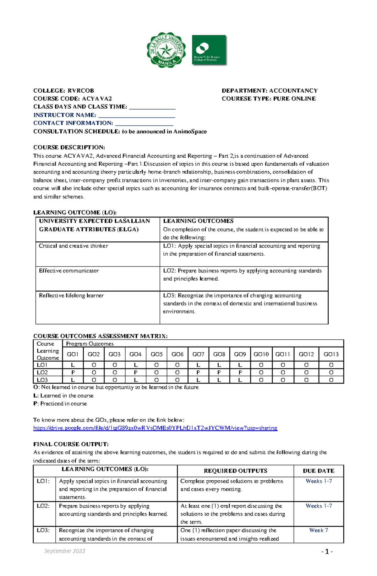 Acyava 2 Syllabus - COLLEGE: RVRCOB DEPARTMENT: ACCOUNTANCY COURSE CODE: ACYAVA2 COURESE TYPE ...