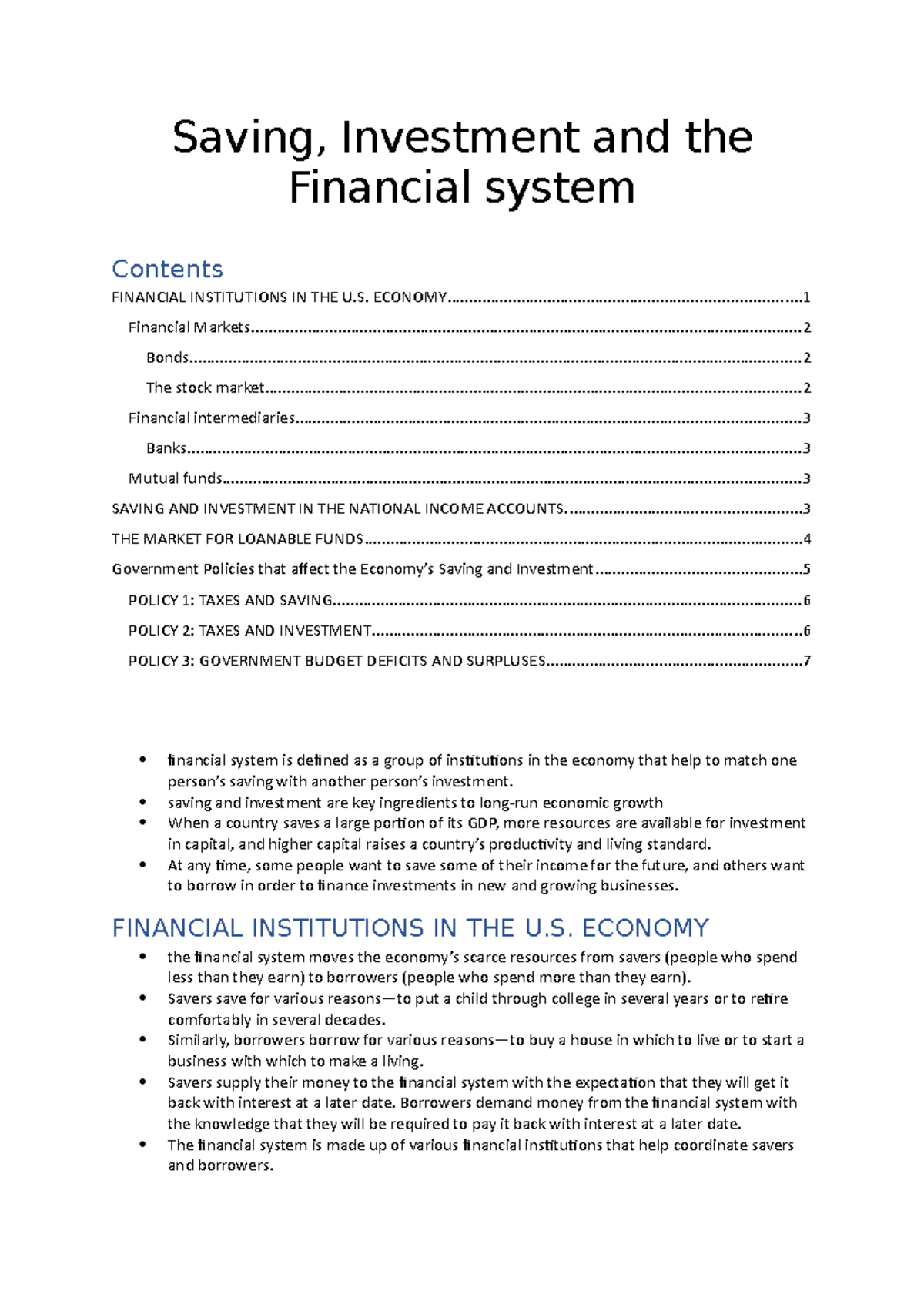 Saving, Investment and the Financial system notes - Saving, Investment ...
